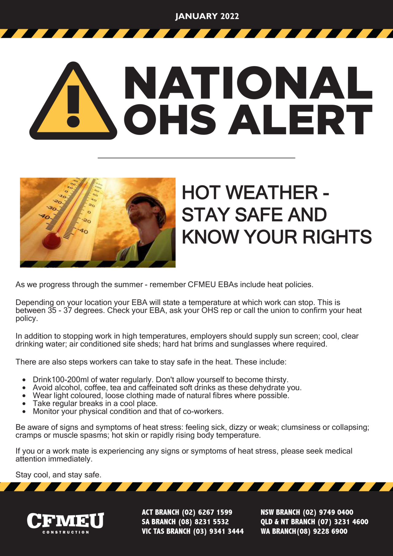 NATIONAL OHS ALERT – HOT WEATHER – STAY SAFE AND KNOW YOUR RIGHTS | CFMEU
